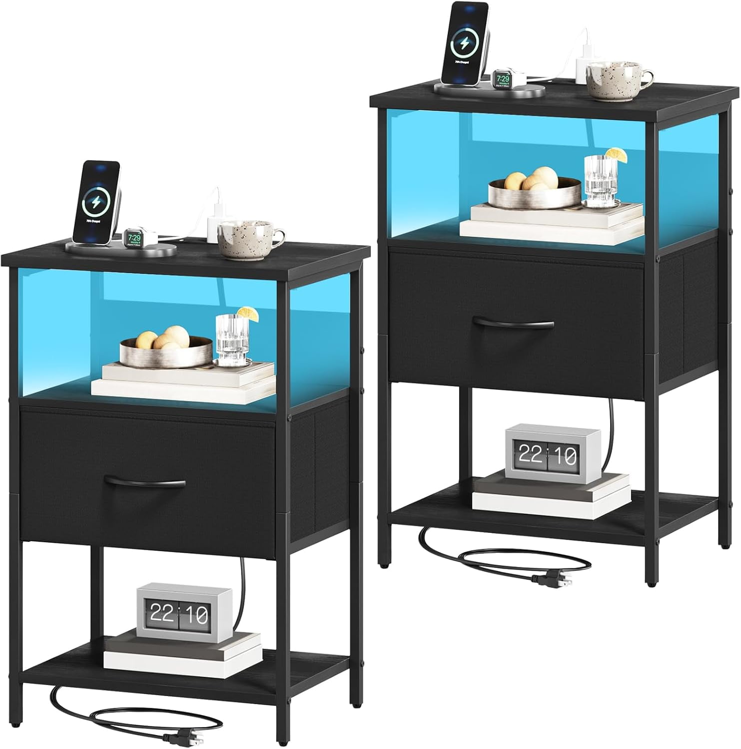 Black Nightstand Set of 2 with Charging Station and LED Light for ...