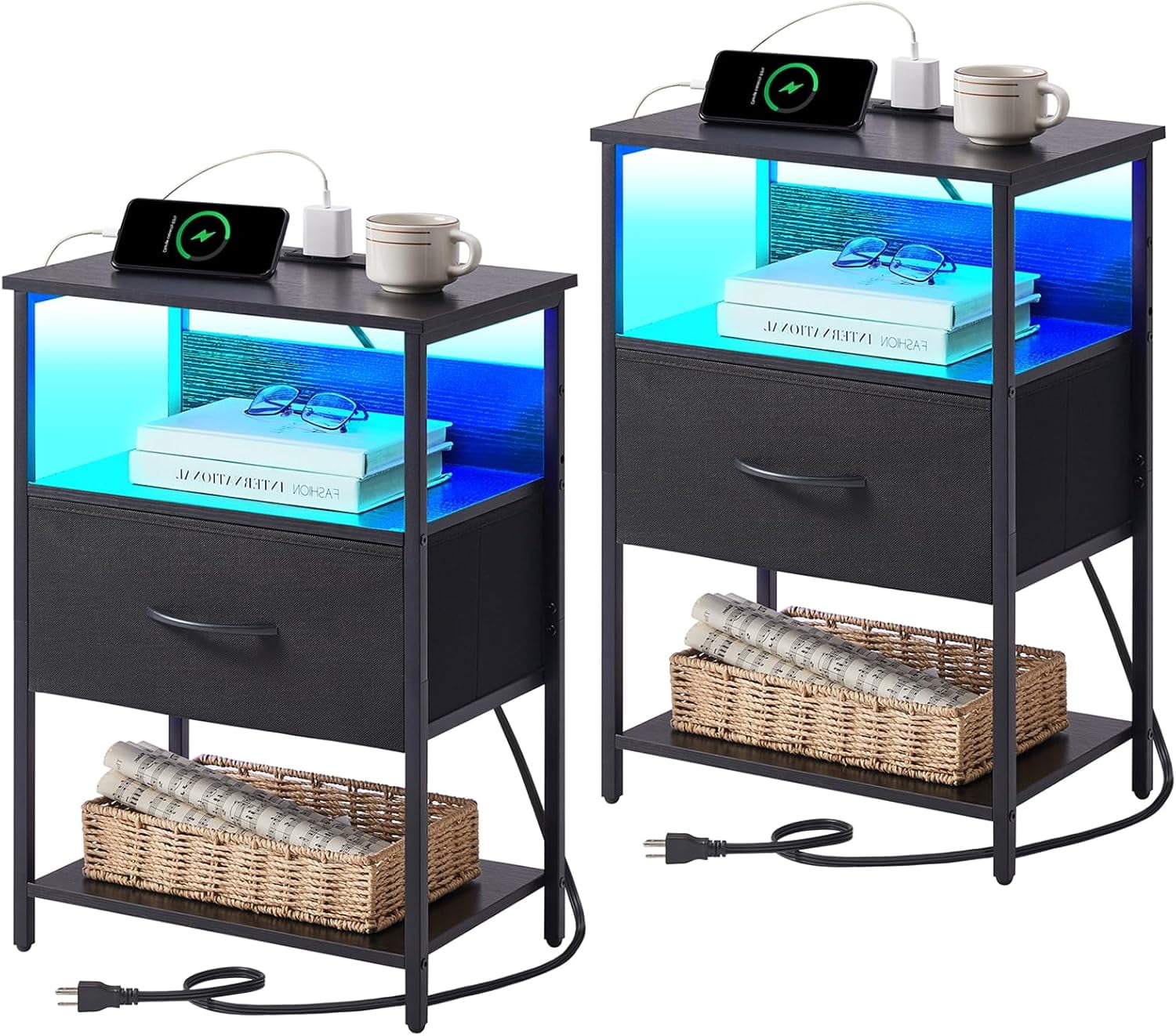 Black Nightstand Set of 2 with Charging Station and LED Light for ...
