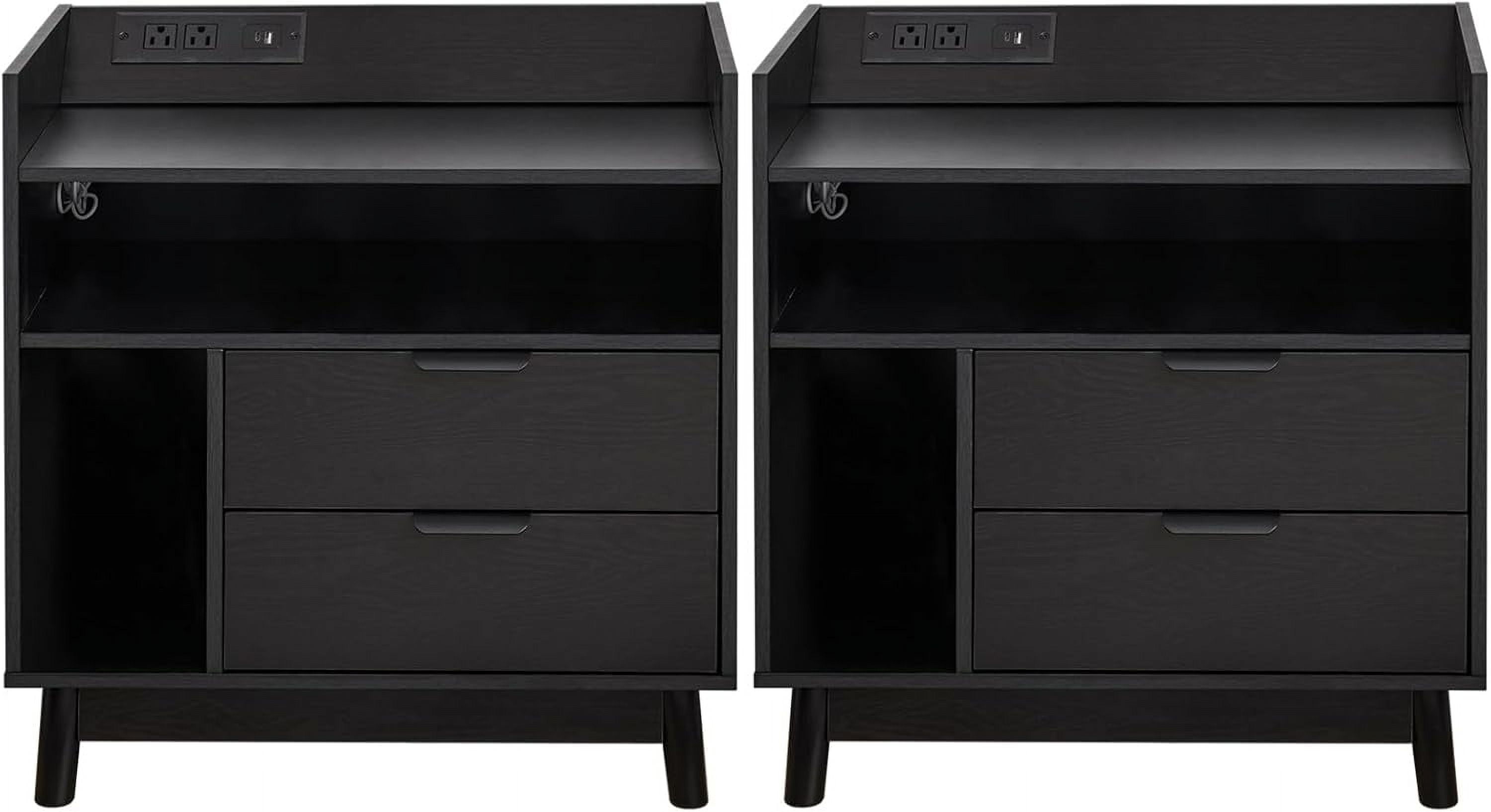 Black Nightstand Set of 2 with Charging Station，LED Night Stand with ...