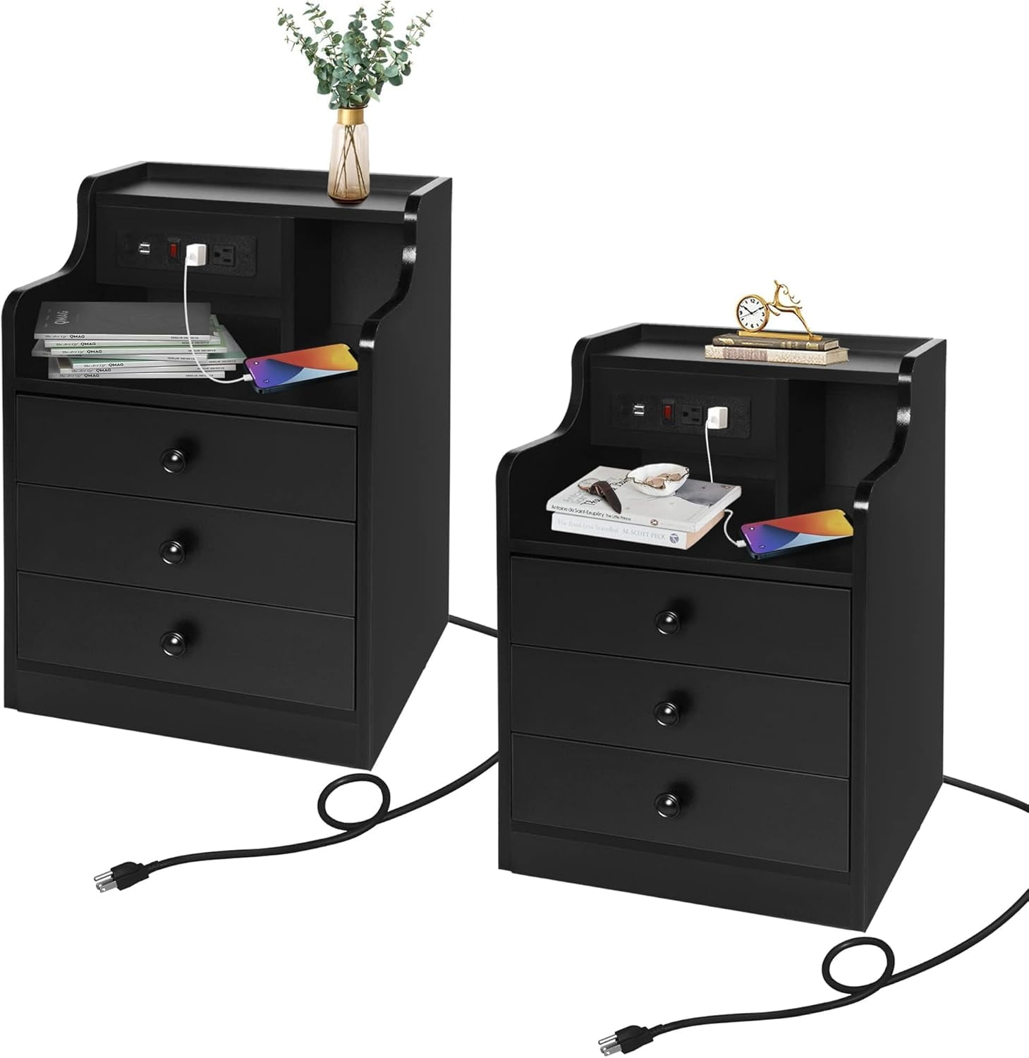 Black Nightstand Set of 2 with Charging Station, Night Stand with 3 ...