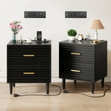 Black Nightstand Set of 2, Fluted Night Stand With Charging Station ...
