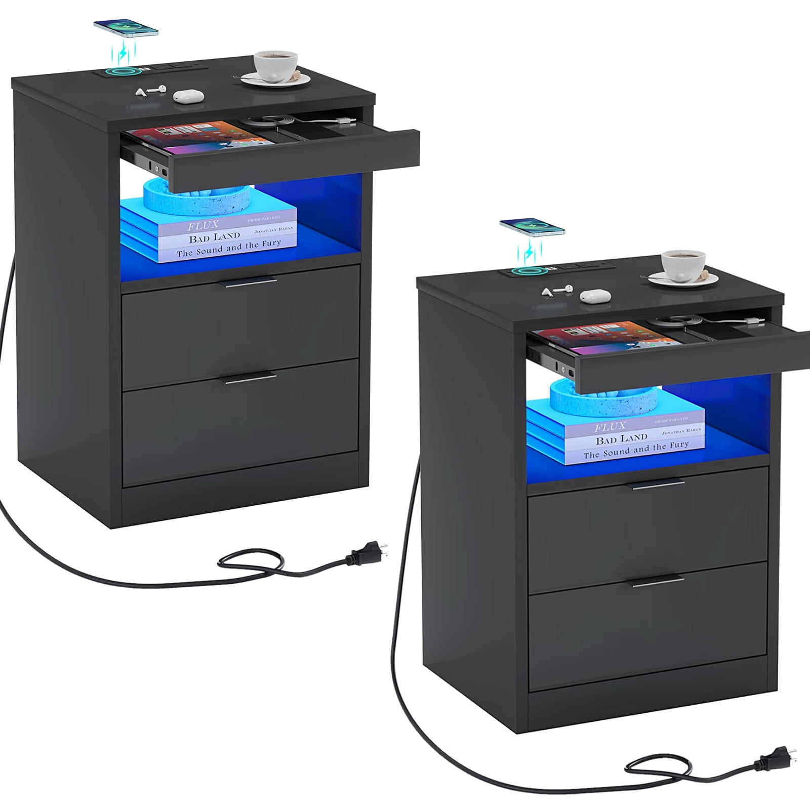 Black Nightstand Set of 2, Nightstand with LED Light and Wireless ...