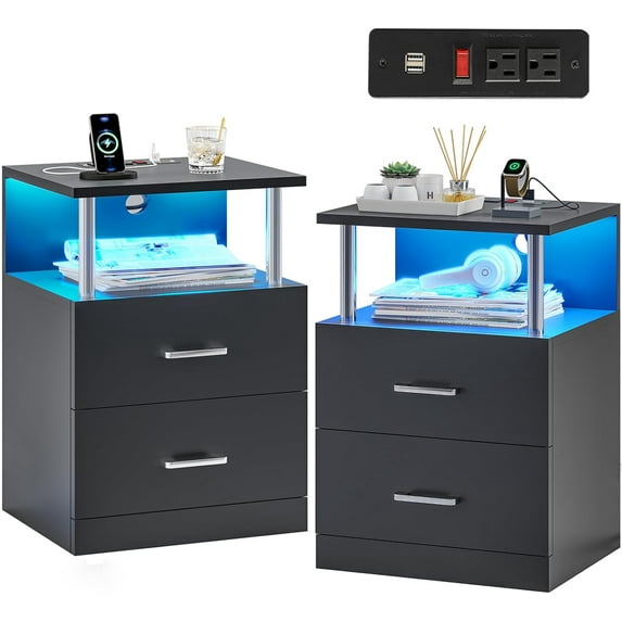 Black Nightstand Set of 2 with Station and Ports, Night Stand with 2 ...