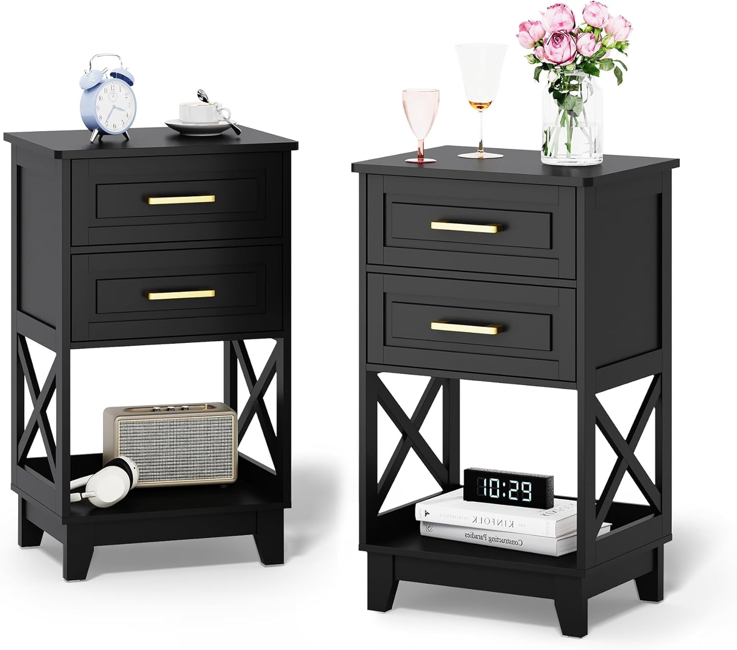 Black Nightstand Set of 2, Tall Side Table with 2 Drawers and Open ...