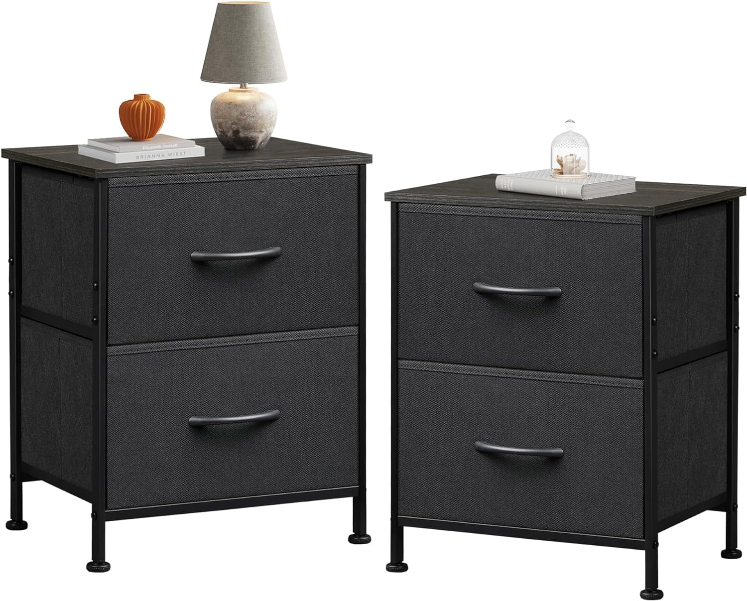 Black Nightstand Set of 2, Night Stand with 2 Fabric Drawers, Small ...