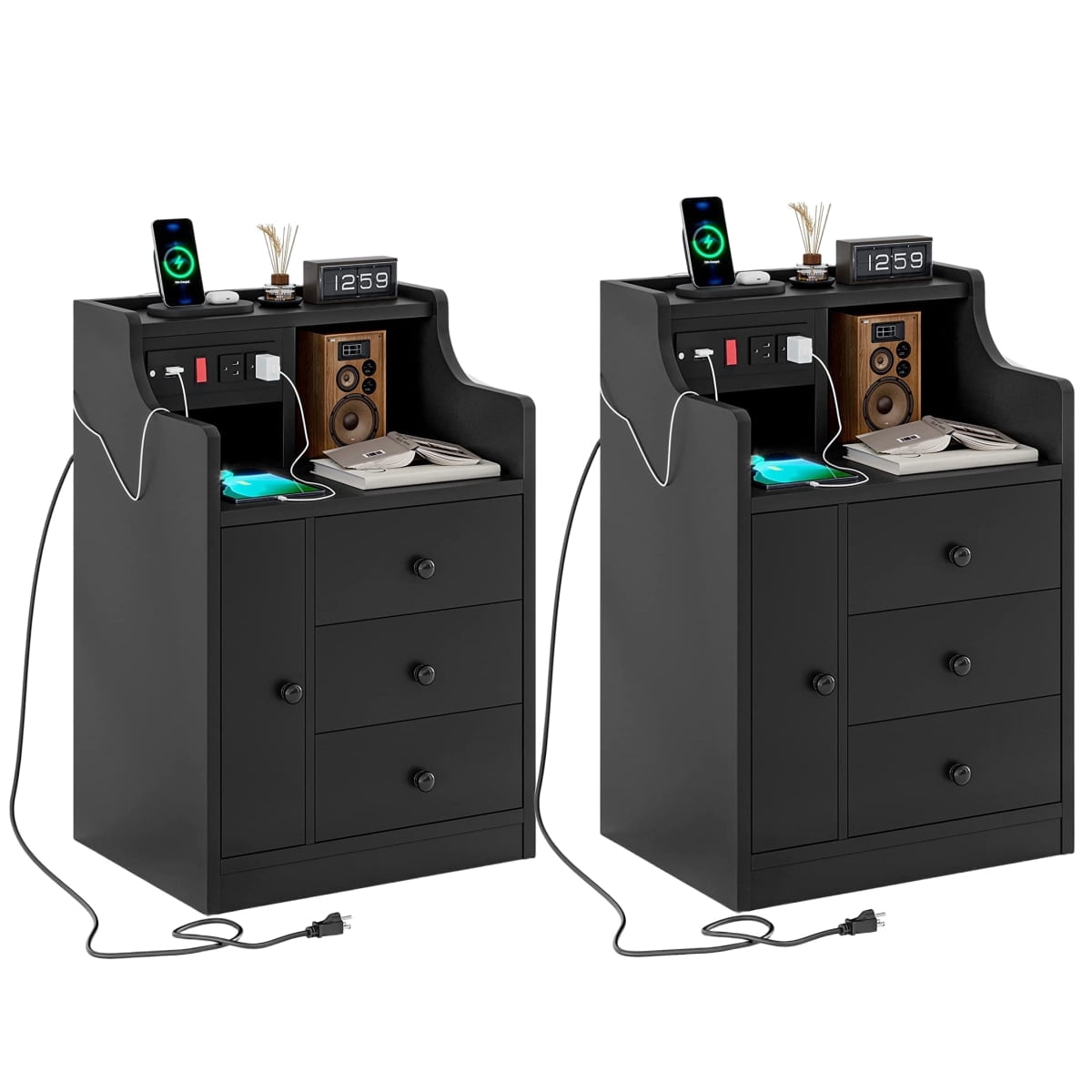 Black Nightstand Set of 2 with Charging Station, Bedside Table with ...