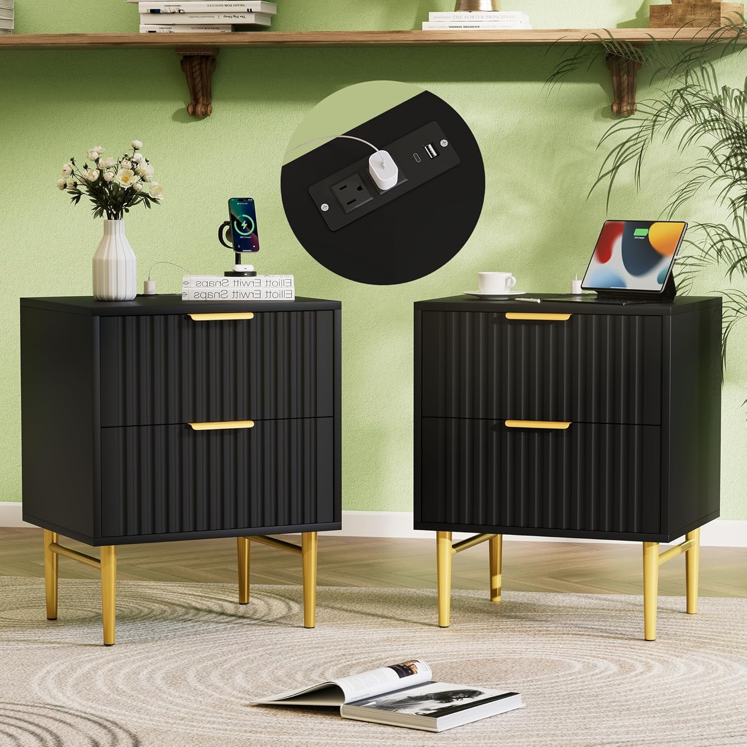 Black Nightstand Set of 2 with Charging Station, Fluted Nightstand with ...