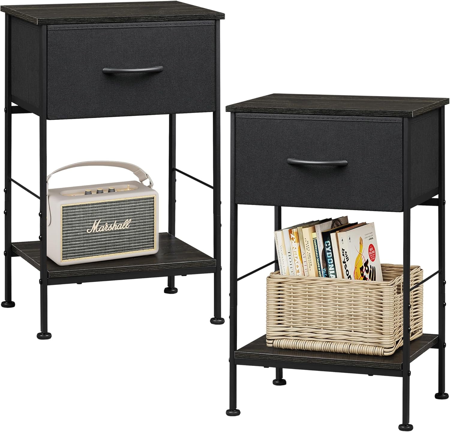 Black Nightstand Set of 2 with Fabric Drawers - 25" Tall Steel Frame ...