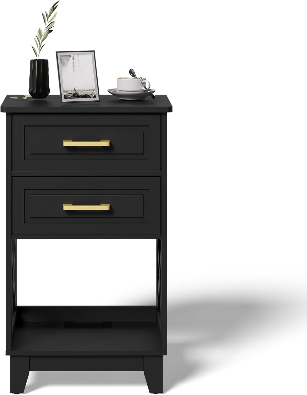 Black Nightstand, Tall Side Table with 2 Drawers and Open Shelf ...