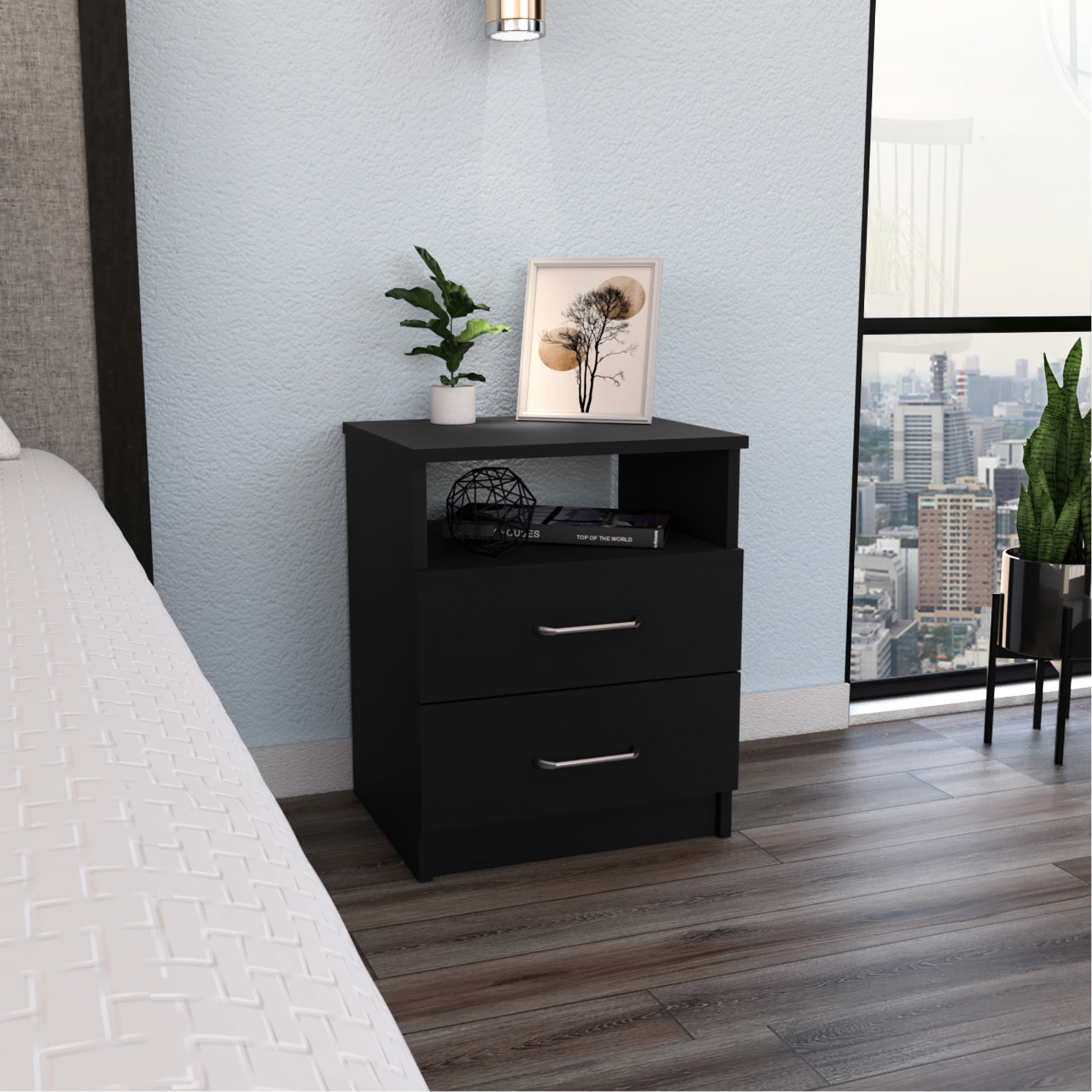Black Nightstand: Two Drawers And Shelf. Stylish For Bedroom Or Living Room. Compact Size. Easy ...