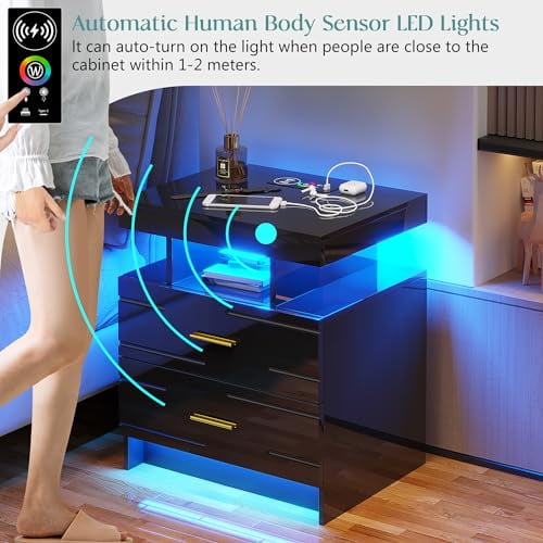 Black Nightstand with Wireless Charging Station LED Lights Night Stand ...