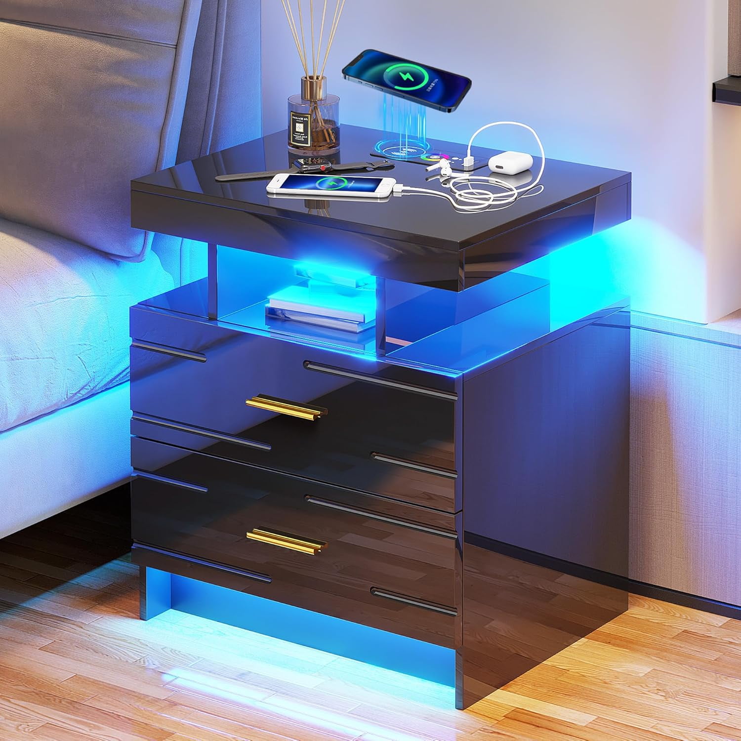 Black Nightstand with Wireless Charging Station LED Lights Night Stand ...