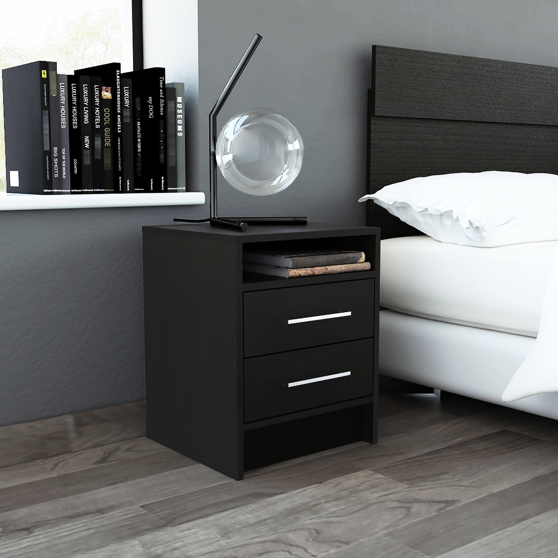 Black Nightstand With Two Wide Drawers And A Convenient Shelf Storage ...