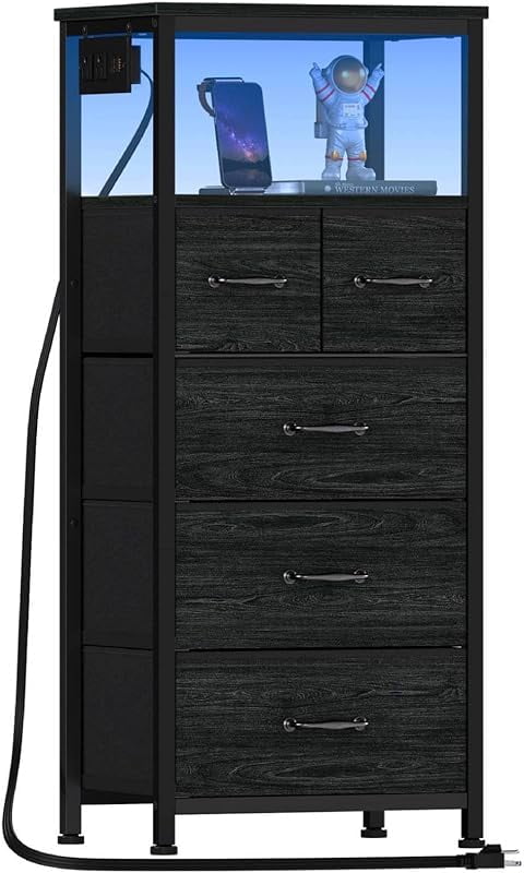 Black Nightstand with Wood Shelf, Bed Side Table with Led Light and ...