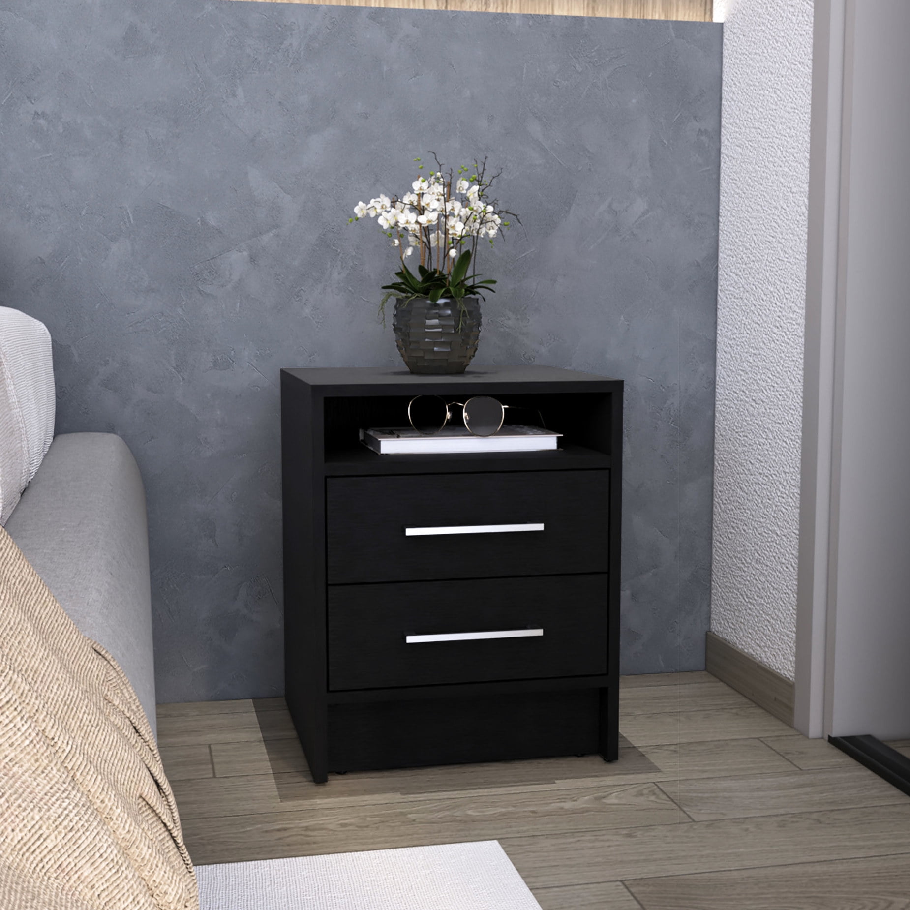 Black Nightstand for Small Areas / 2 Drawers for Storage / Contemporary ...