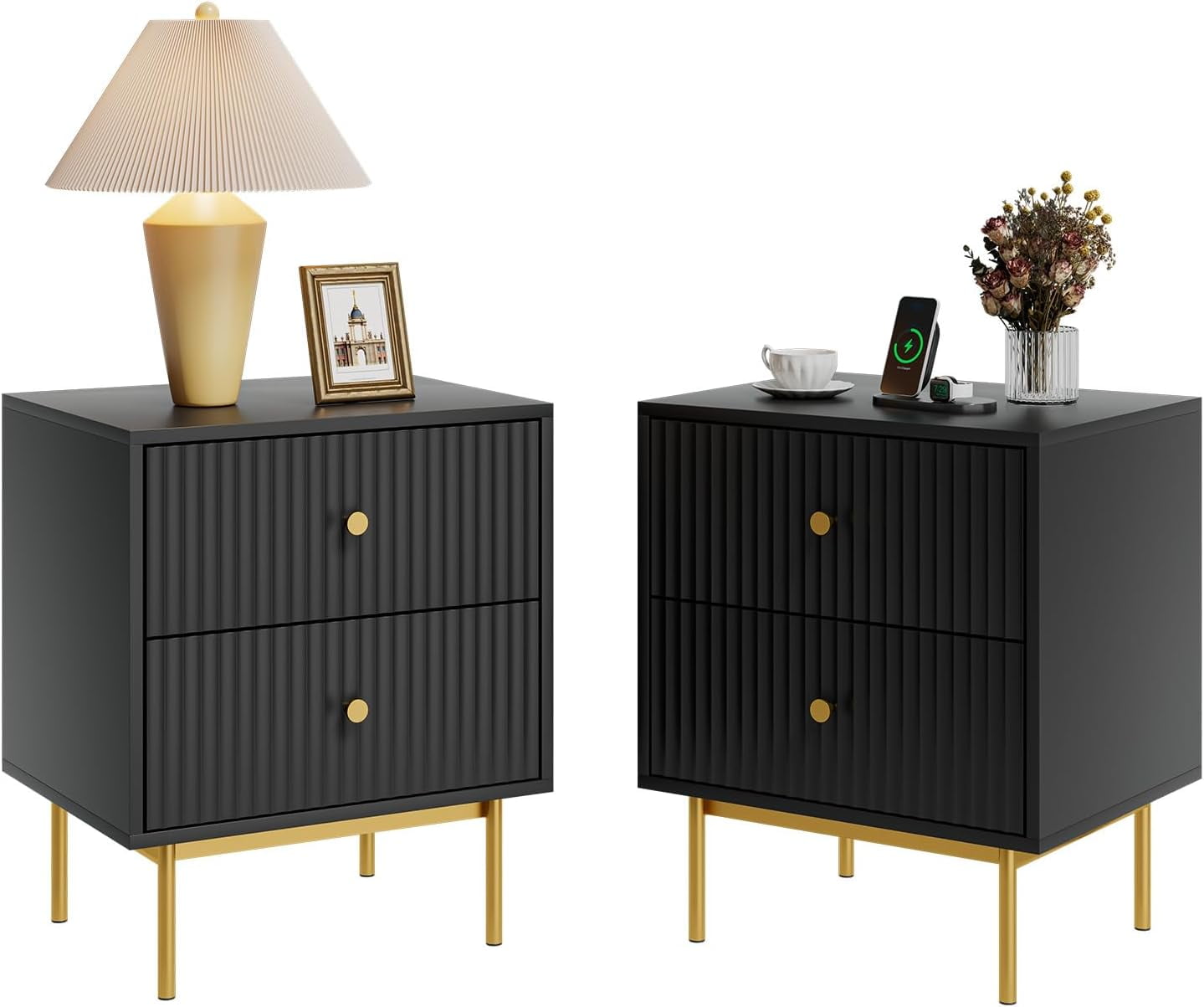 Black Nightstand with 2 Drawers Fluted Nightstand Sofa Side Bedside for ...