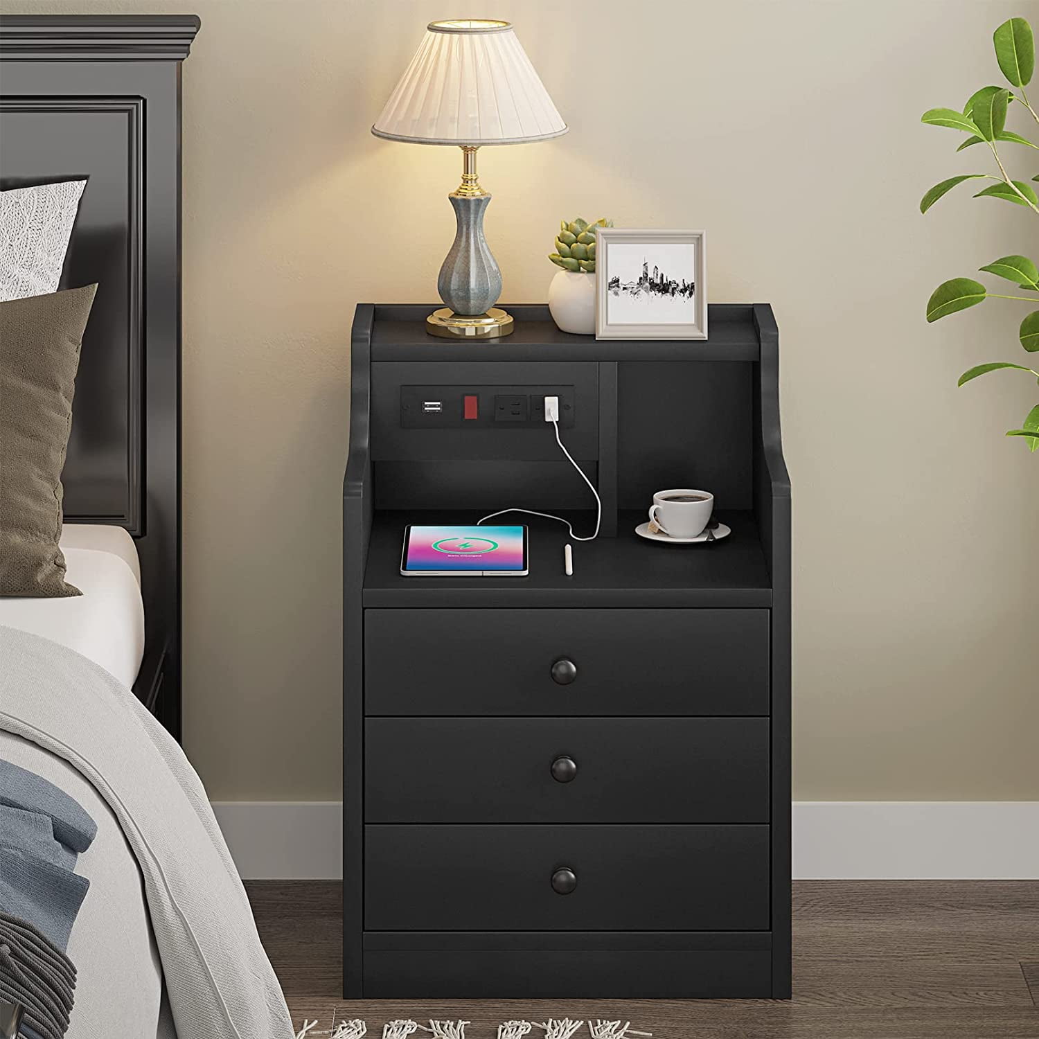 Bedroom Furniture: Black Nightstand with 3 Drawers, Hutch & Charging ...