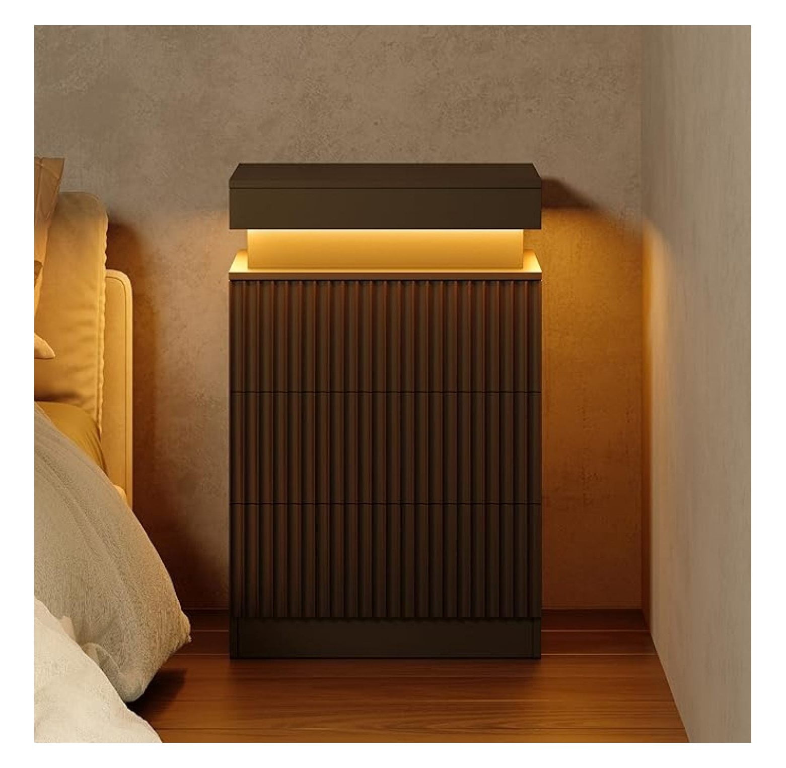 Black Nightstand with 3 Drawers and LED Light, Century Modern Fluted ...