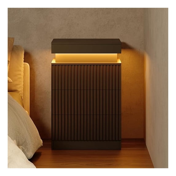 Black Nightstand with 3 Drawers and LED Light, Century Modern Fluted ...