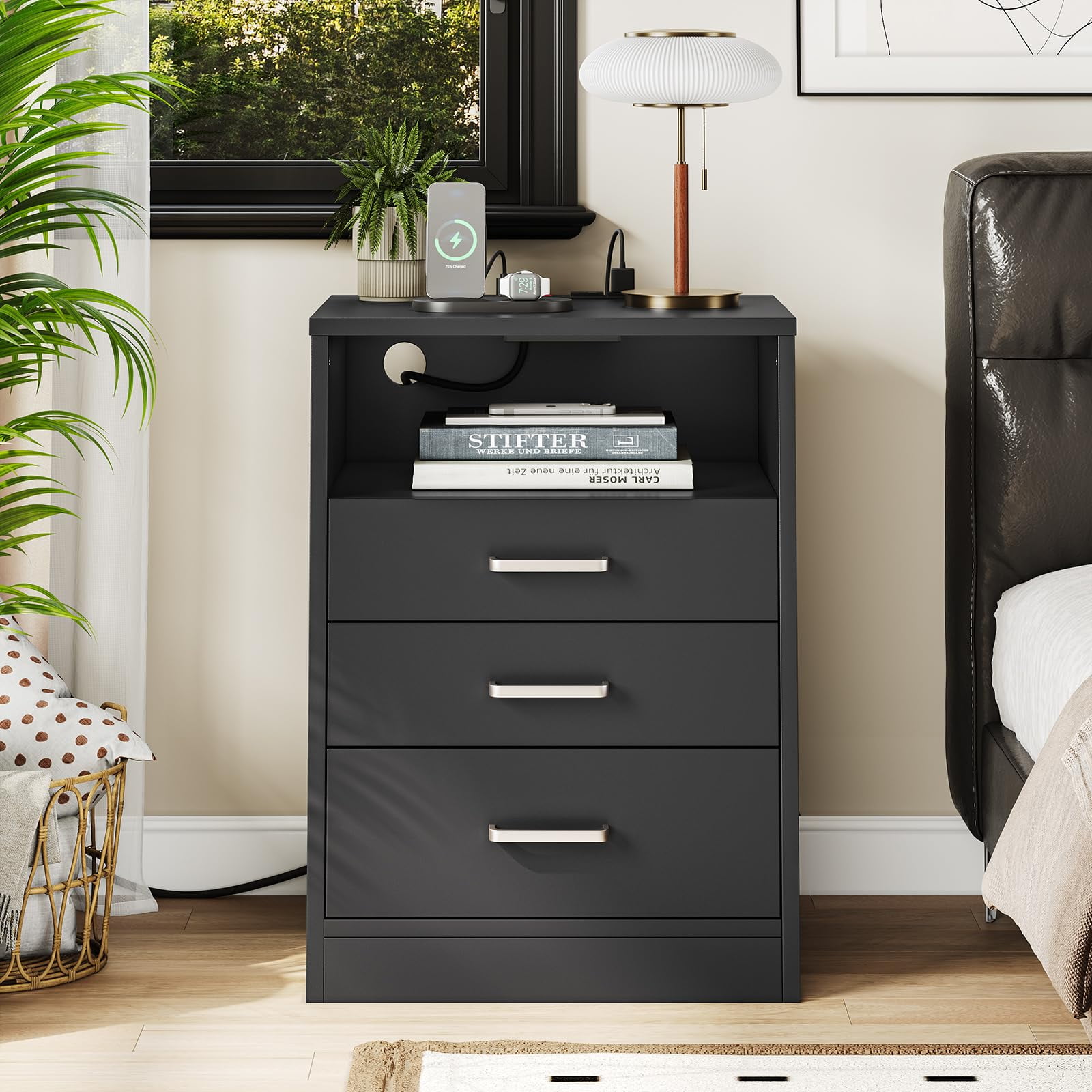 Black Nightstand with 3 Drawers with USB Port,Bedroom End Table Side ...