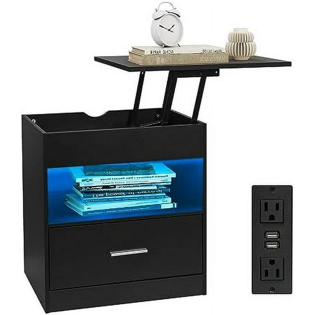 Black Nightstand with Charging Station 2 Drawer Sofa End Table with USB ...