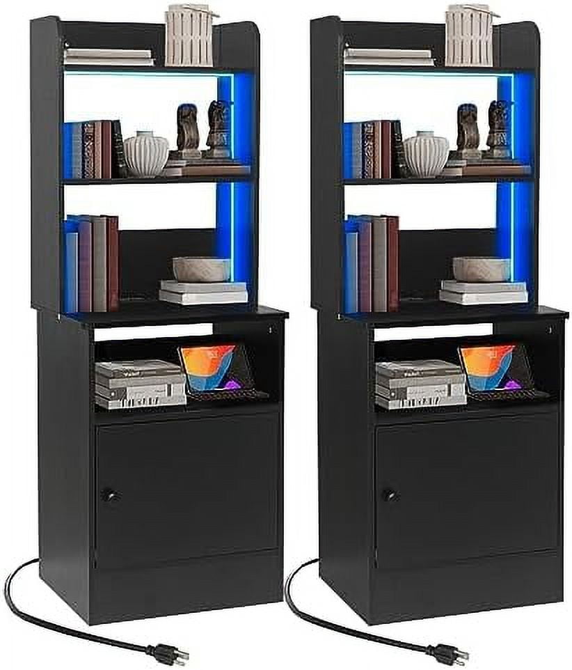 Black Nightstand with Charging Station 2 Drawer Sofa End Table with USB ...