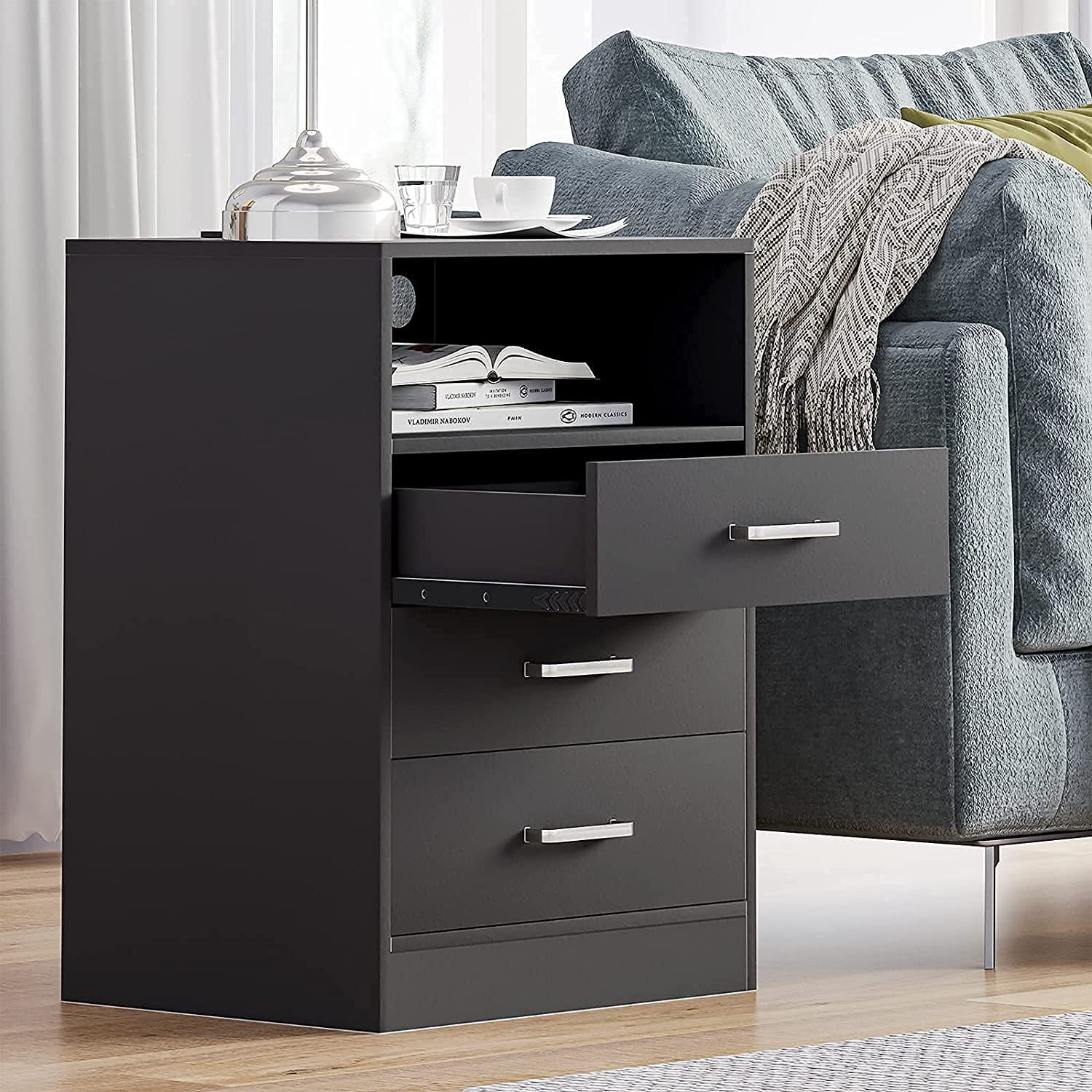 Black Bedside Nightstand with Three Drawers & Charger, End Table for ...