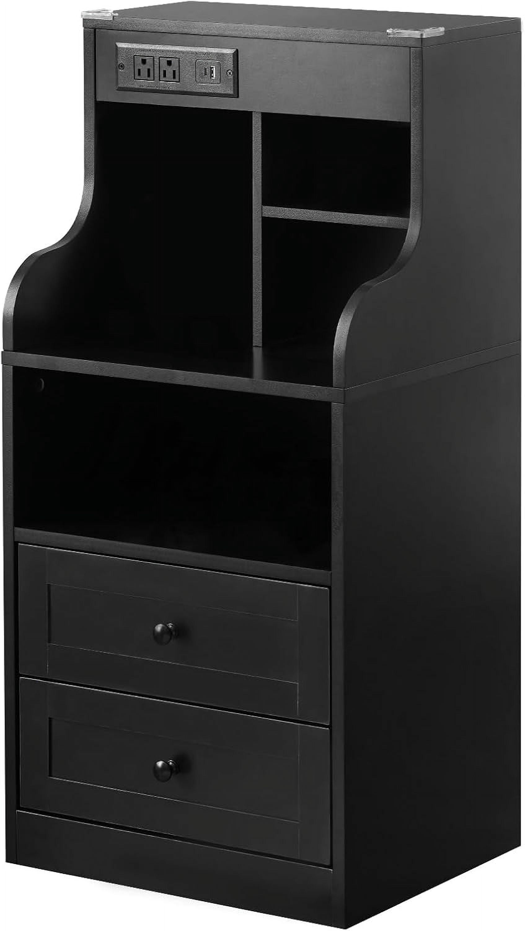 Black Nightstand with Charging Station, Tall Night Wood Stand with ...
