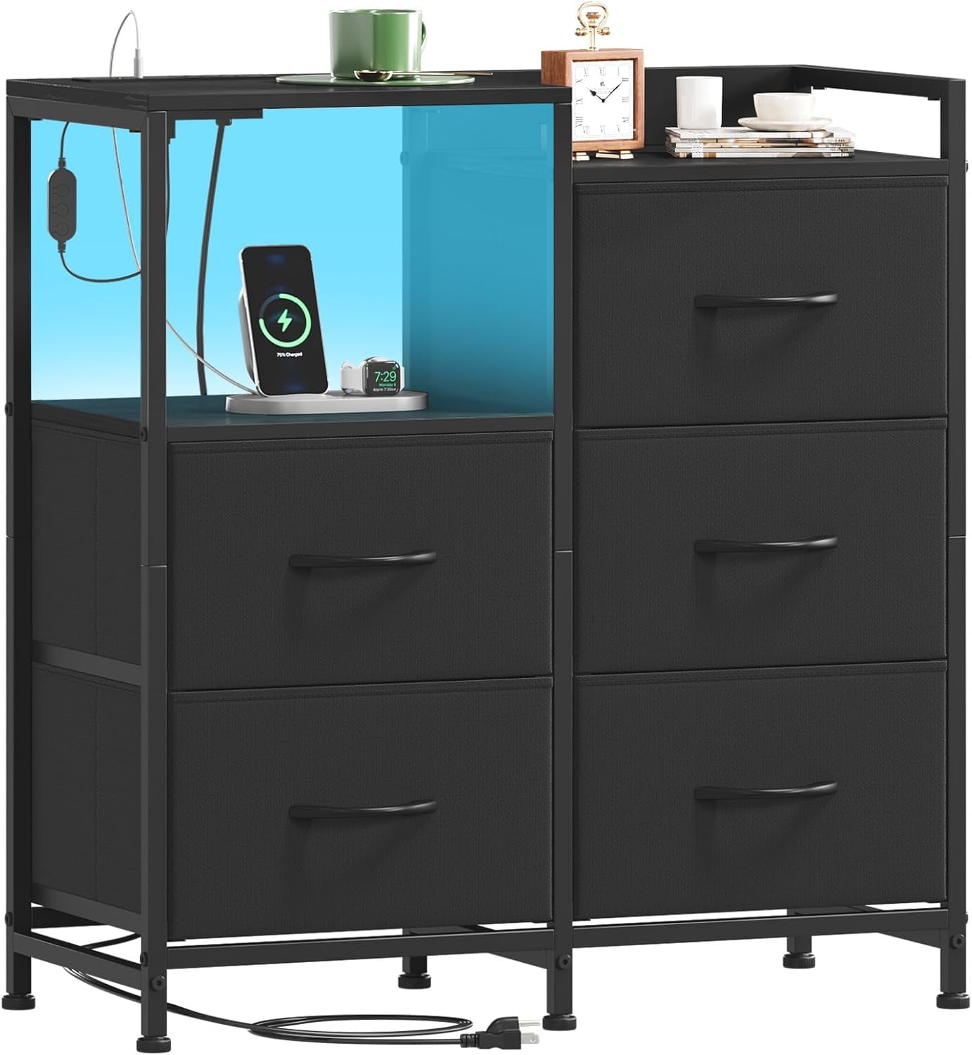 Black Nightstand with Charging Station and LED Light, Wide 5 Drawers ...