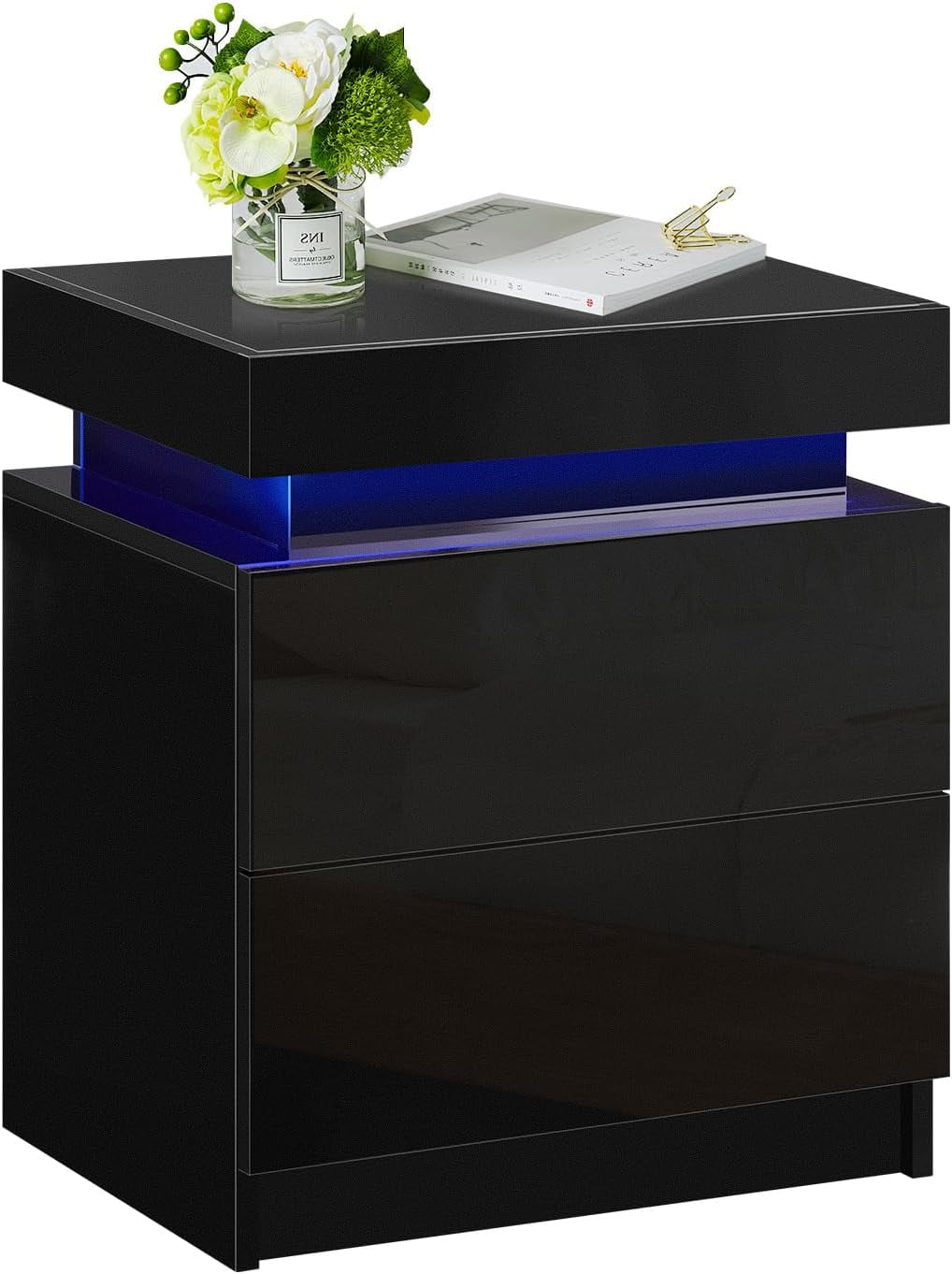 Black Nightstand with LED Lights, Smart Night Stand with Flip Top ...