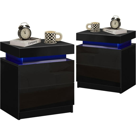 Black Nightstand with LED Lights, Smart Night Stand with Flip Top ...