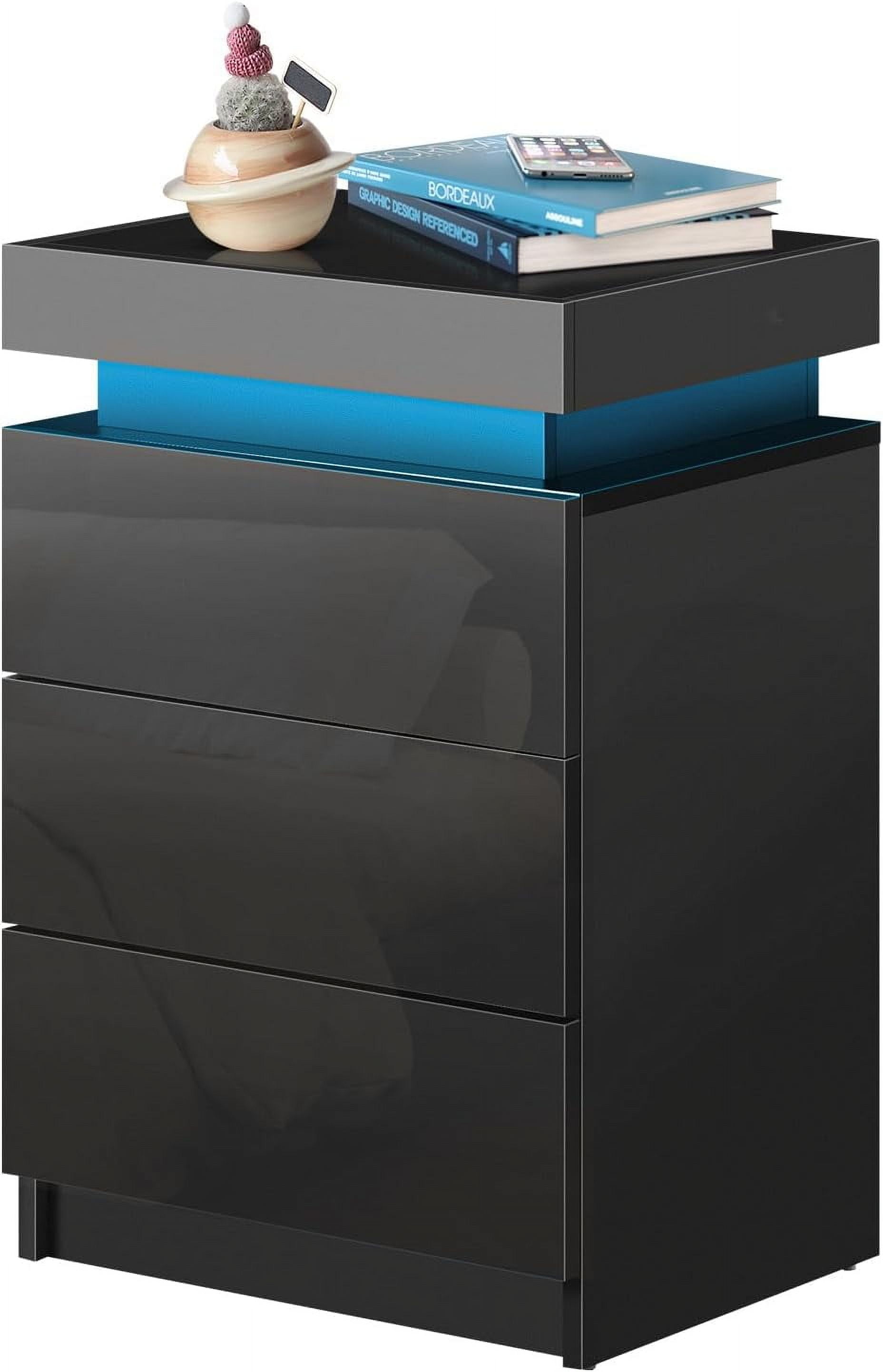 Black Nightstand with LED Lights, Smart Night Stand with Flip Top ...