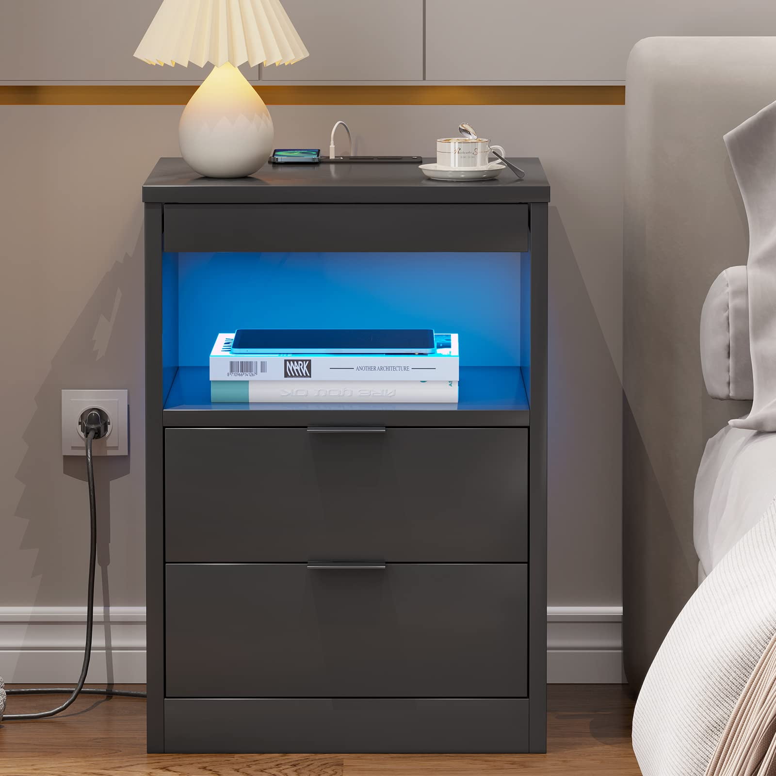 Modern Black Nightstand with LED Lights, Wireless Charging Station, 2 ...