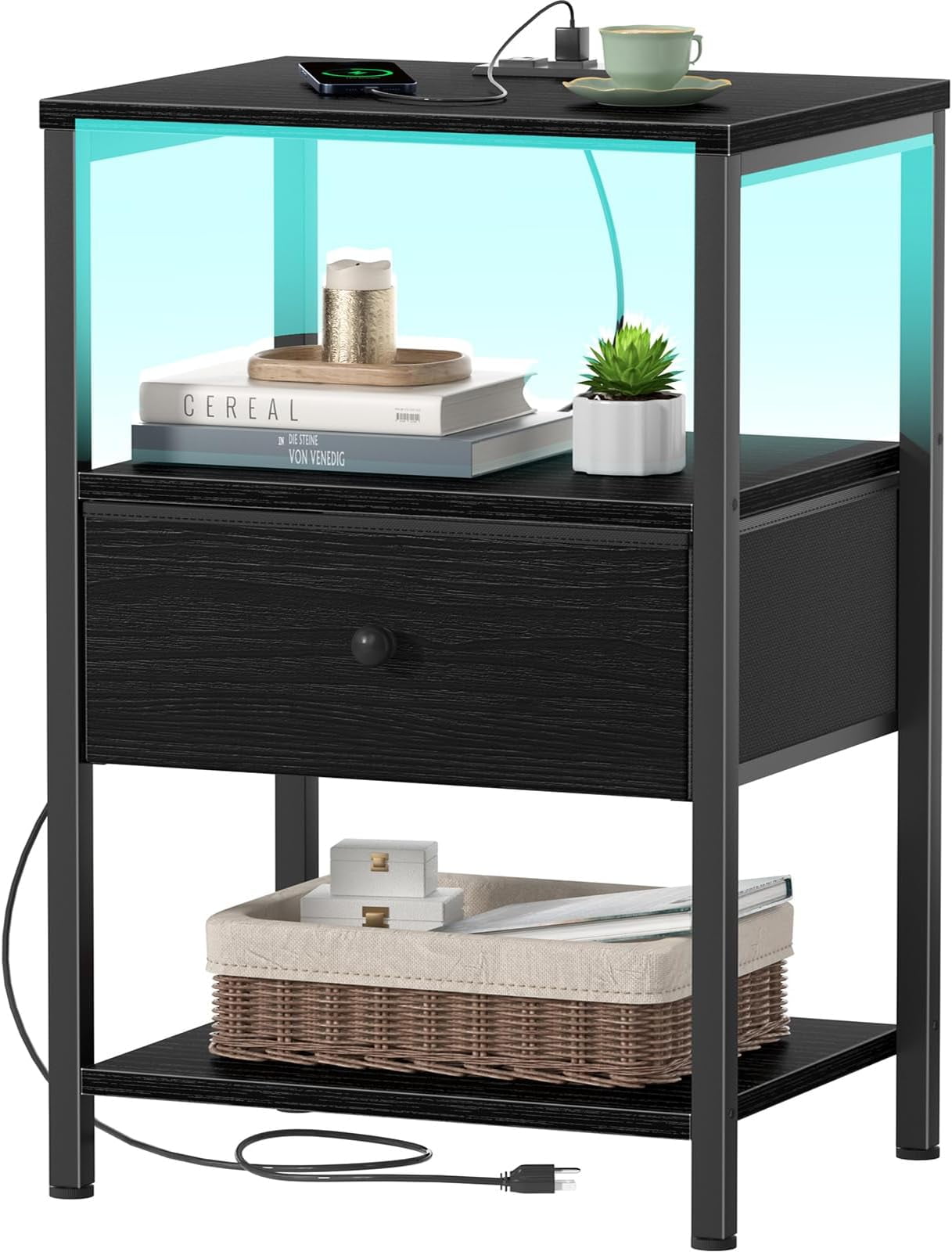 Black Nightstand with Station, Night Stand with Fabric Drawers and ...