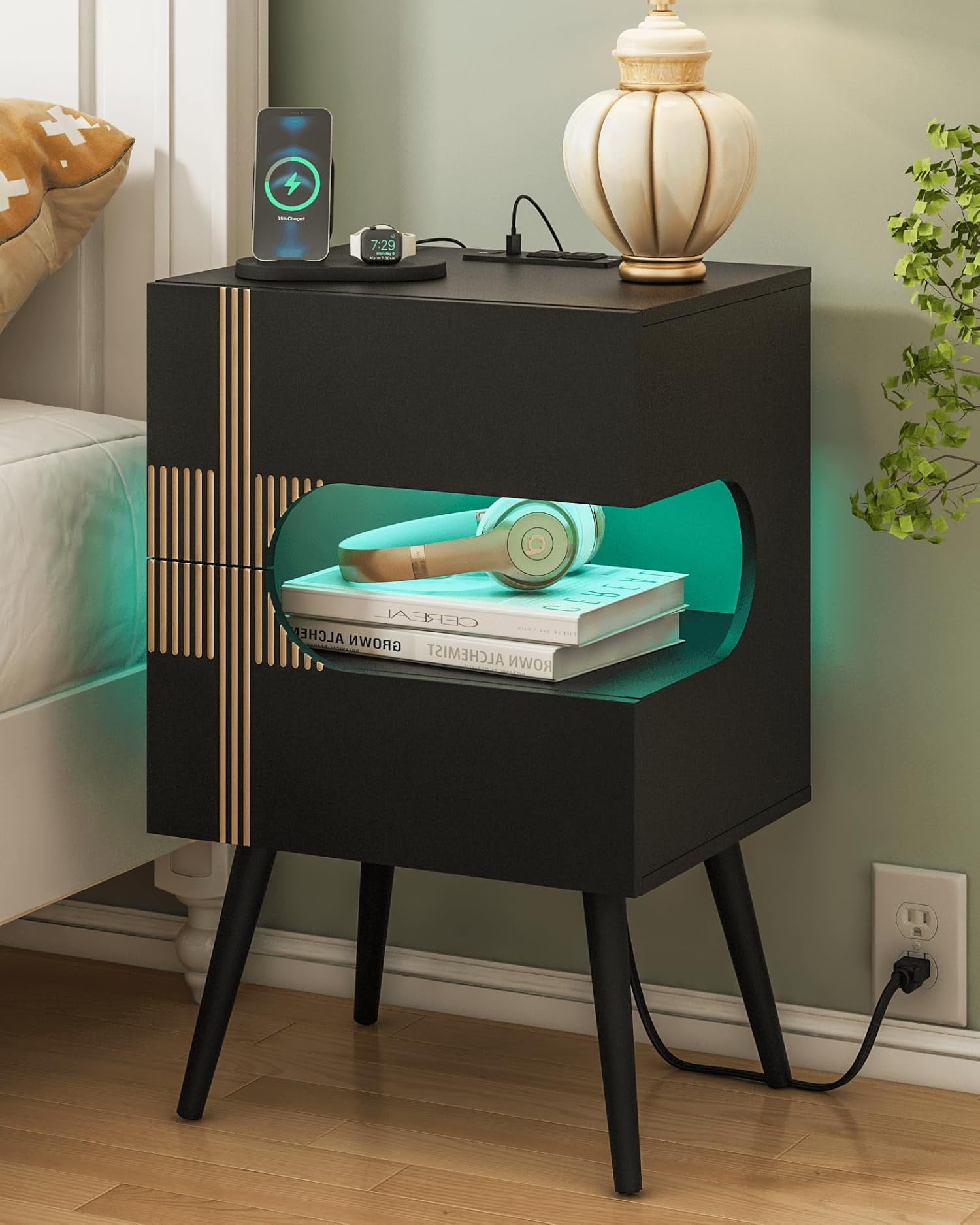 Black Nightstand with Station and Lights,Modern Bedside Table with 2 ...