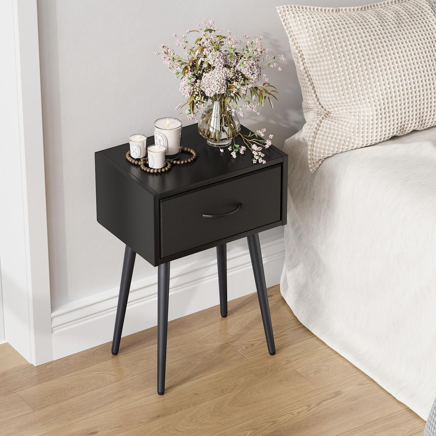 Black Nightstands Set of 2, Small Bedside Table with Fabric Drawer ...