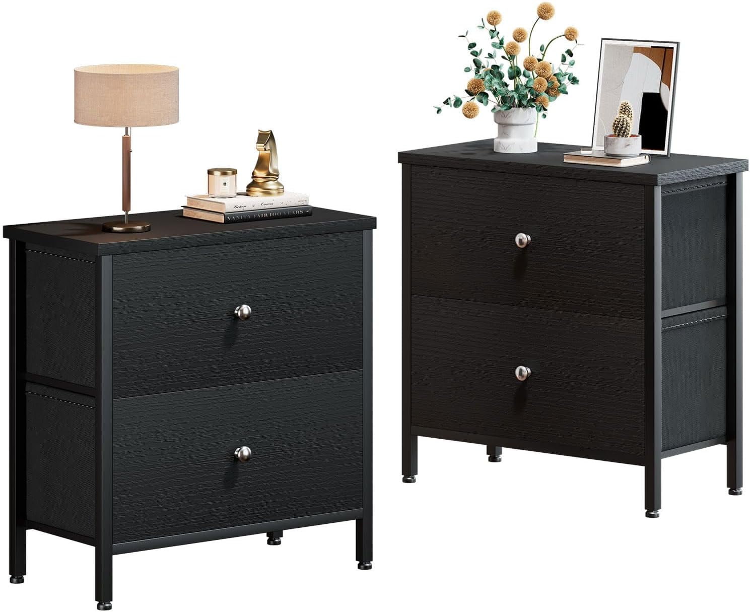 Black Nightstands Set of 2, 2 Drawer Dresser for Bedroom Night Stand ...