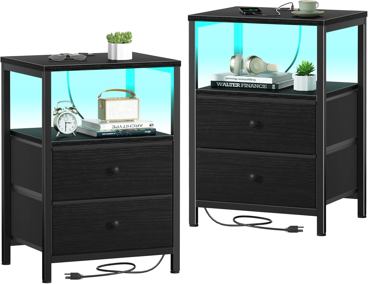 Black Nightstands Set of 2, Night Stand Set Two Nightstand with Station ...
