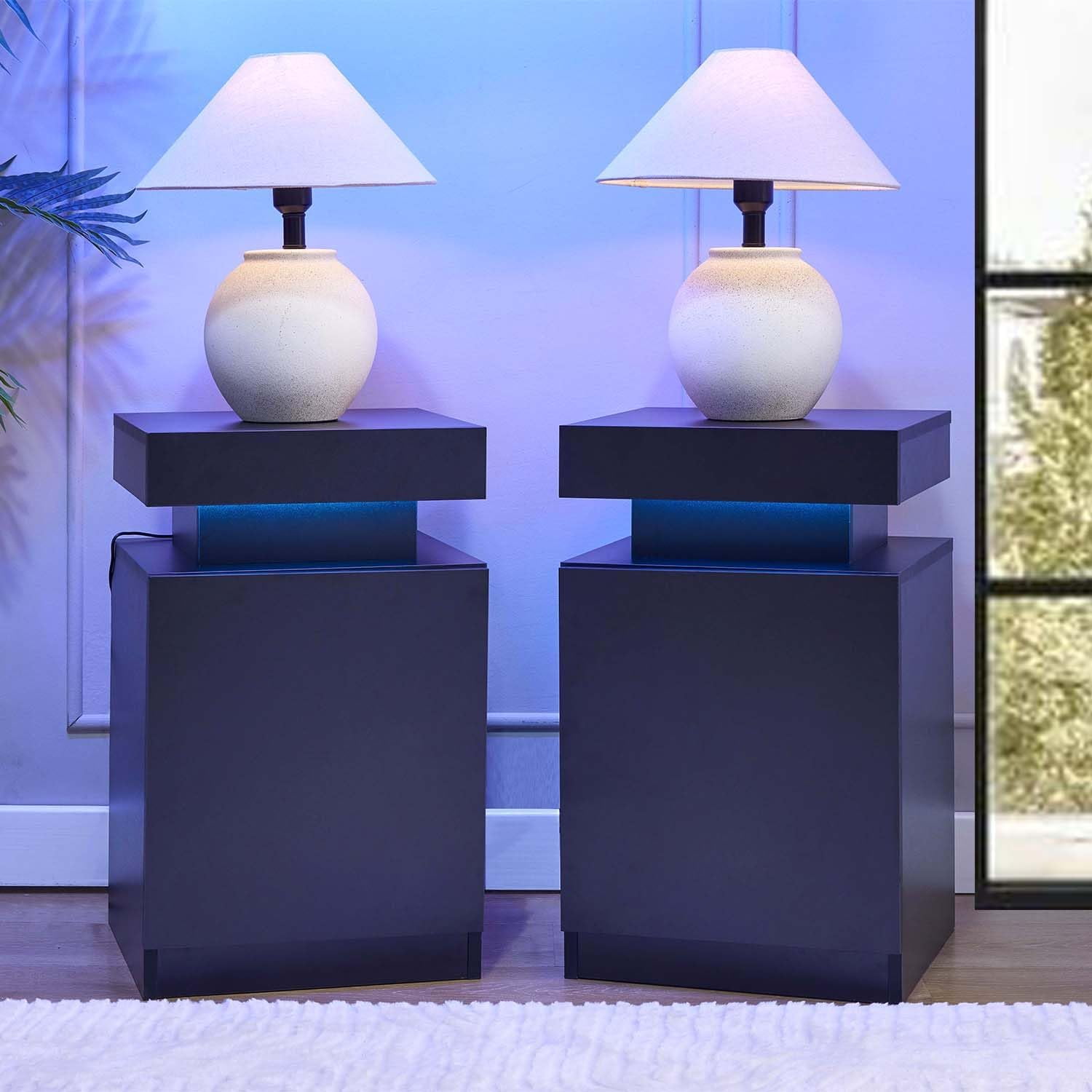 Black Nightstands with Set of 2, LED End Table Set with One Storage ...