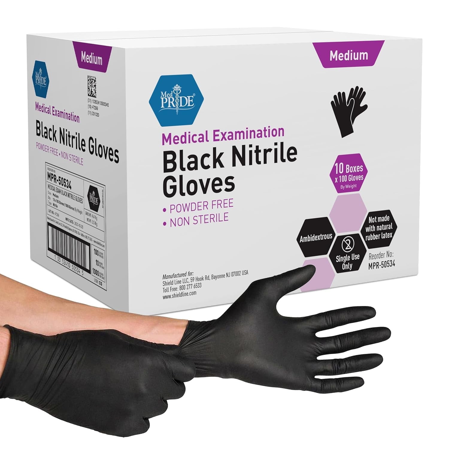 MEDPRIDE Nitrile Gloves Powder-Free Medical Examination Disposable Gloves, Medium, Black, 1000 ...