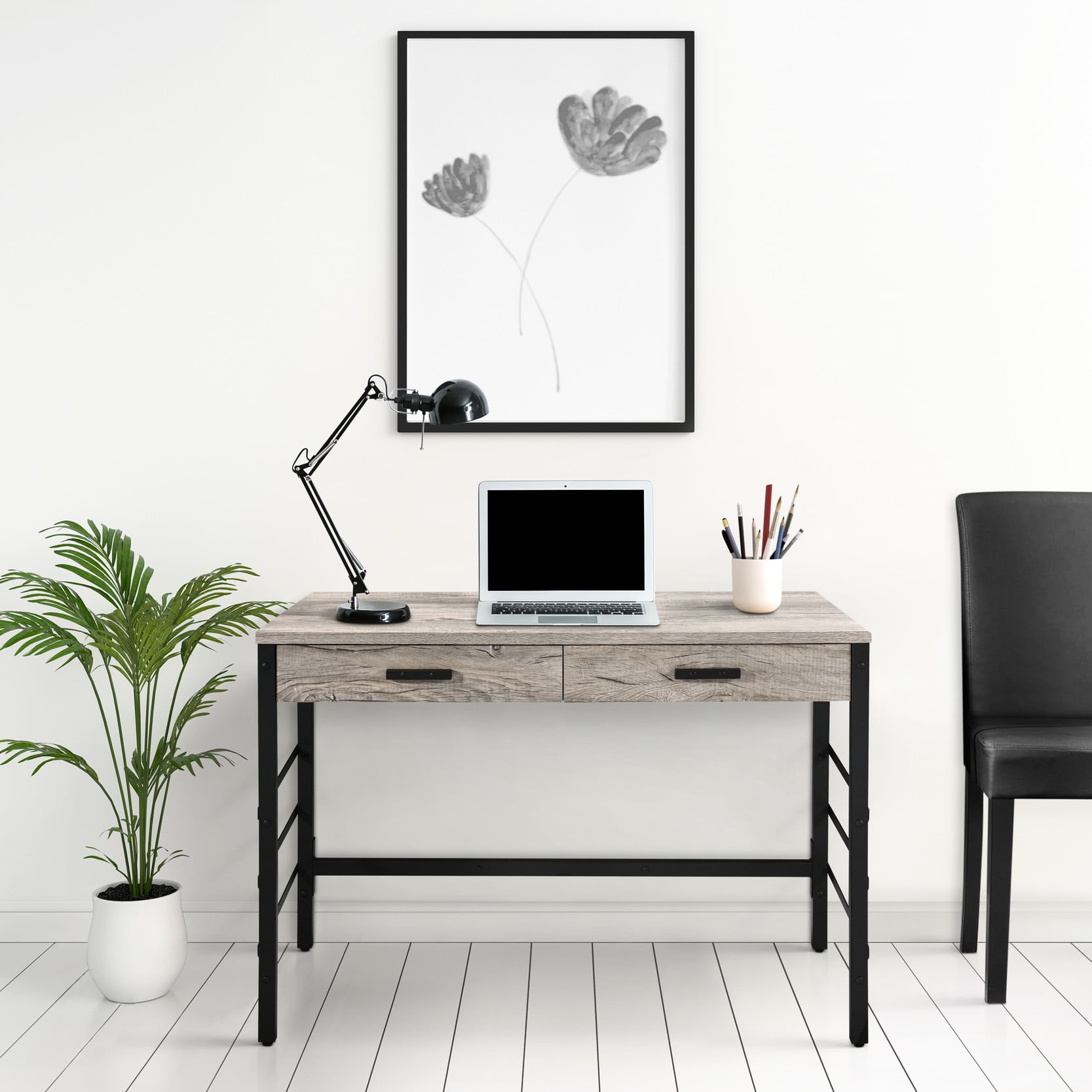 Black + Oak 2 - Drawer Office Desk / USB Ports and Storage for ...