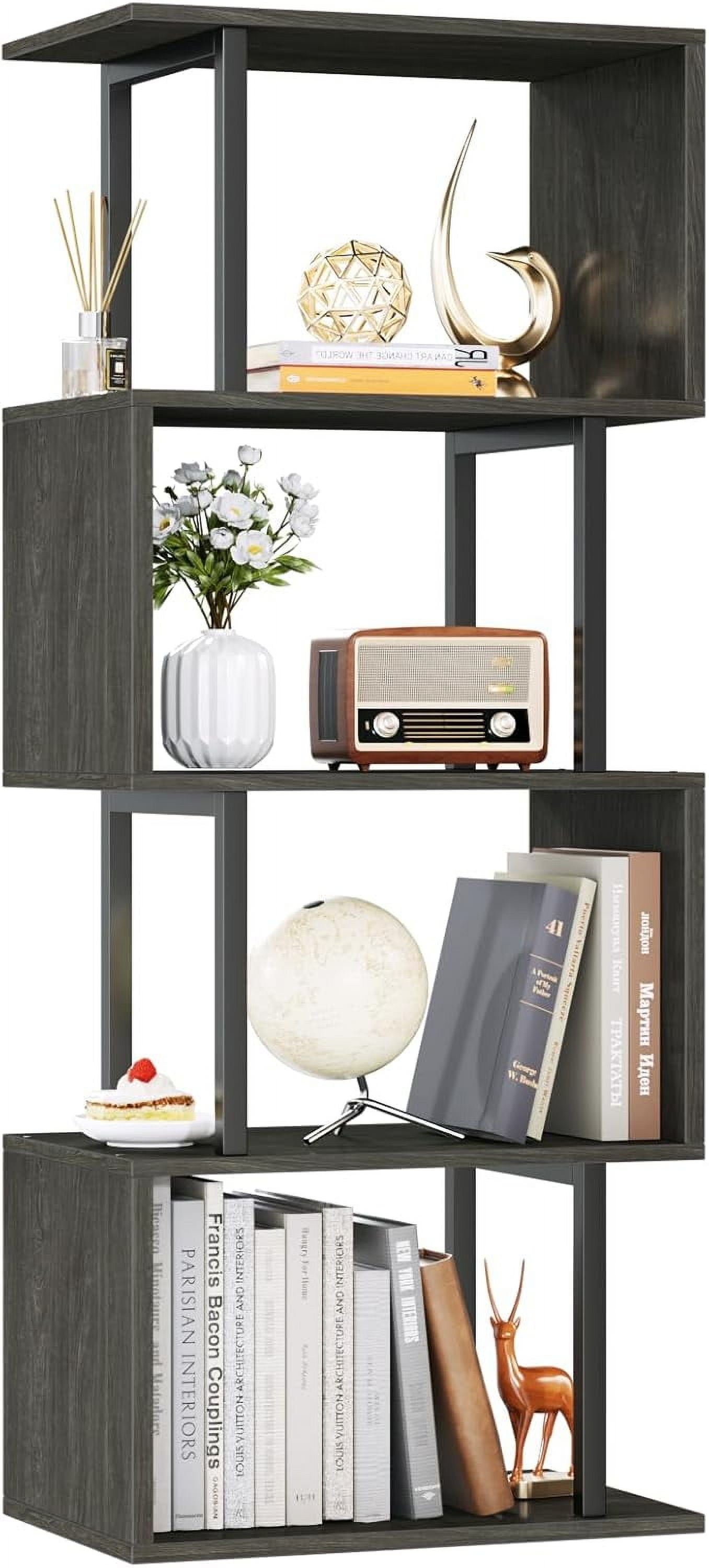 Black Oak 5-Tier Geometric Bookshelf - Industrial S-Shaped Metal Wood ...