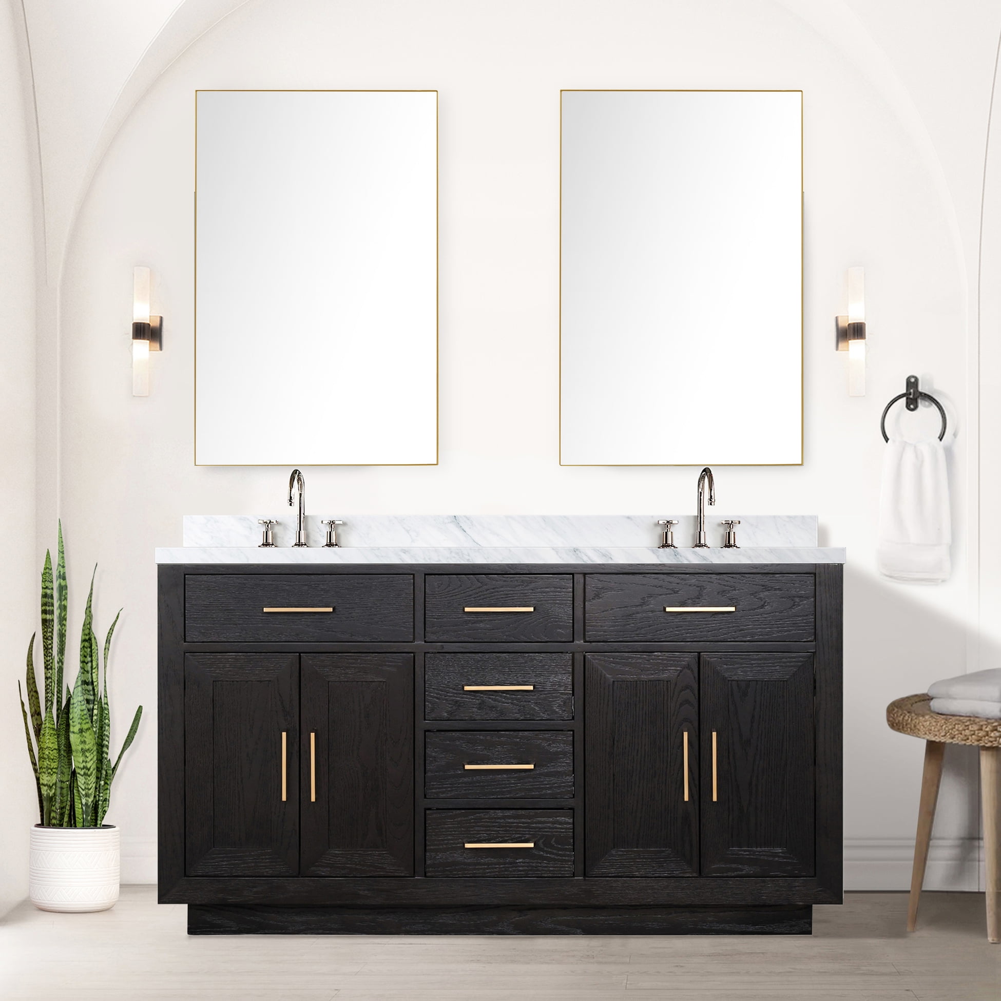 Black Oak 60 In. Double Bath Vanity - Sink Shelf, Soft Close, Stylish ...