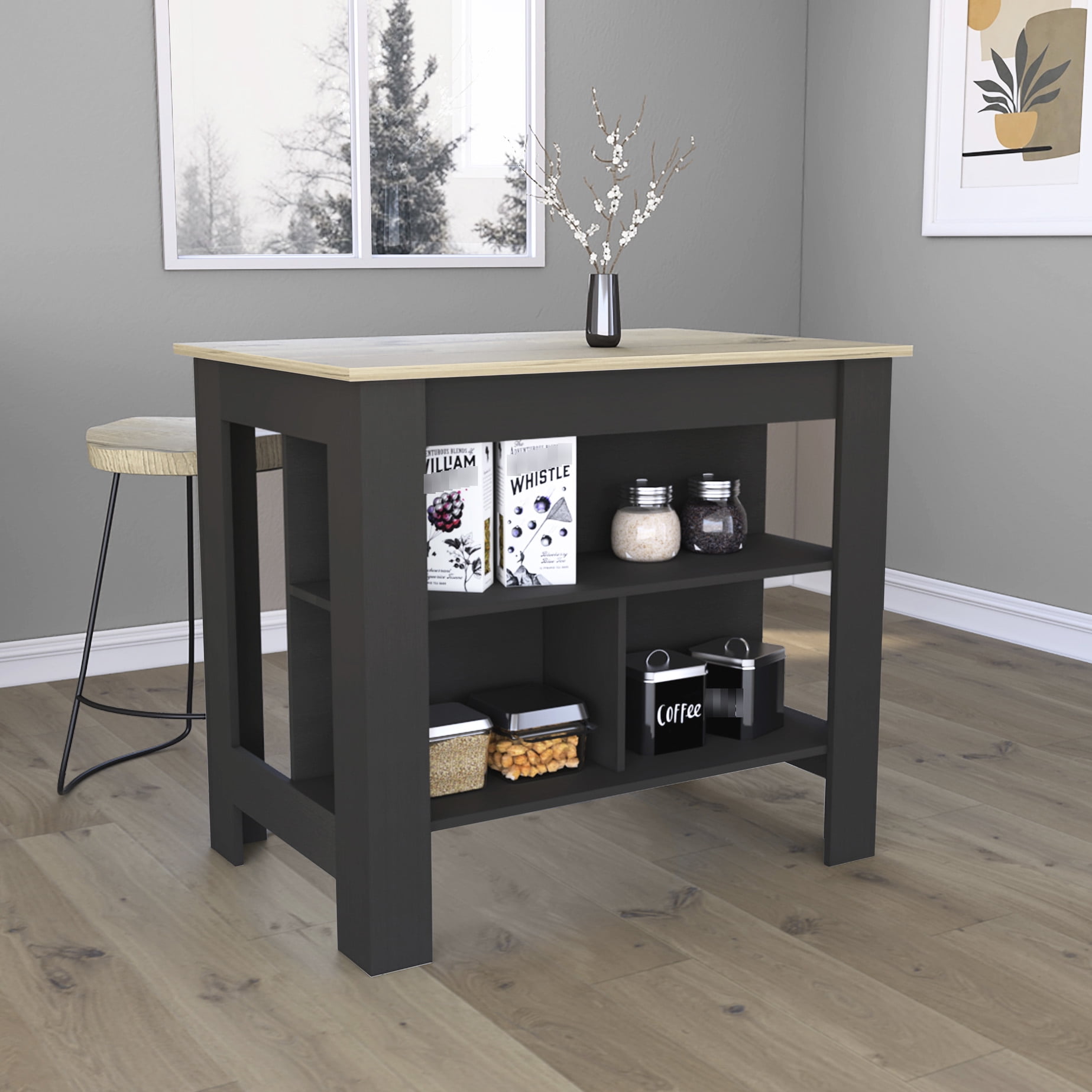 Black / Oak Finished Kitchen Island , 3 Shelves, Vast Work Area, Simple ...