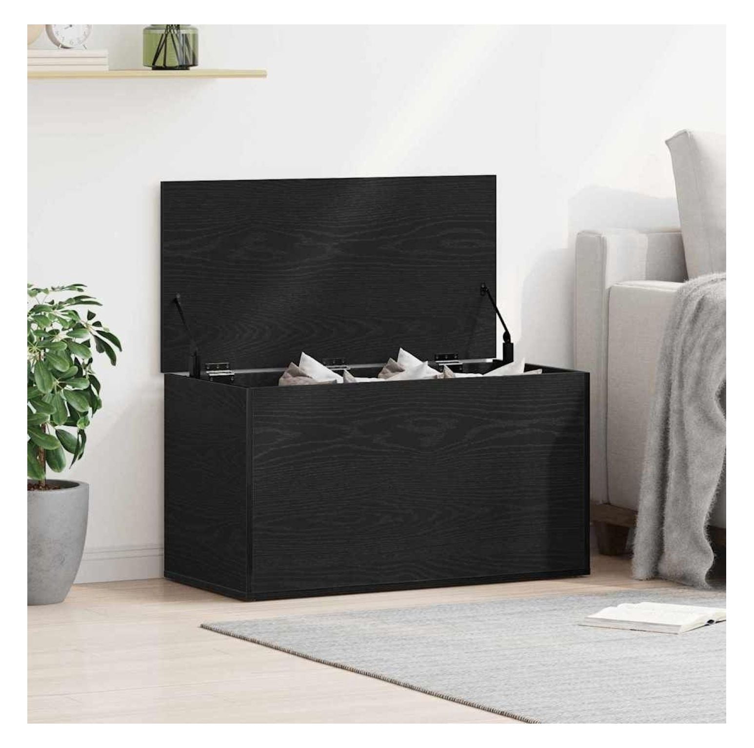 Black Oak Storage Box, 33" Rectangular Wood Organizer for Living Room ...