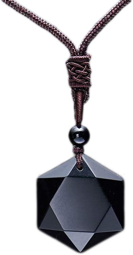 Black Obsidian Hexagram Natural Stone Necklace Translucent Ice Obsidian ...