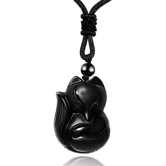Black Obsidian Lucky Fox Necklace Natural Stone Healing Crystal Pendant ...