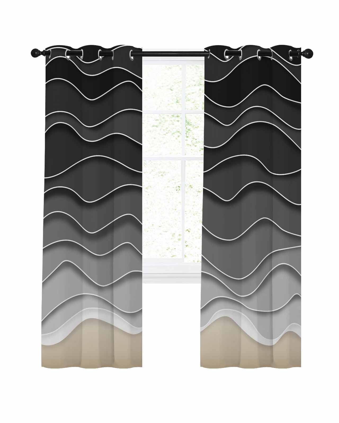 Black Ocean Waves Blackout Curtains, Light Blocking Print Window ...