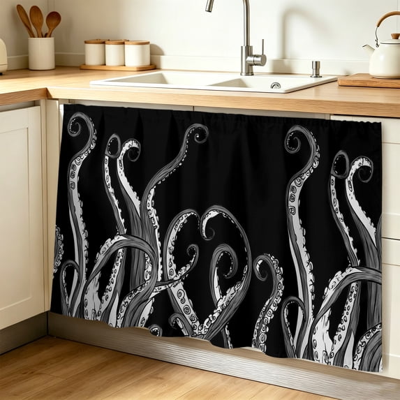 Black Octopus Coastal Cabinet Curtains for Shelves, Nautical Ocean ...