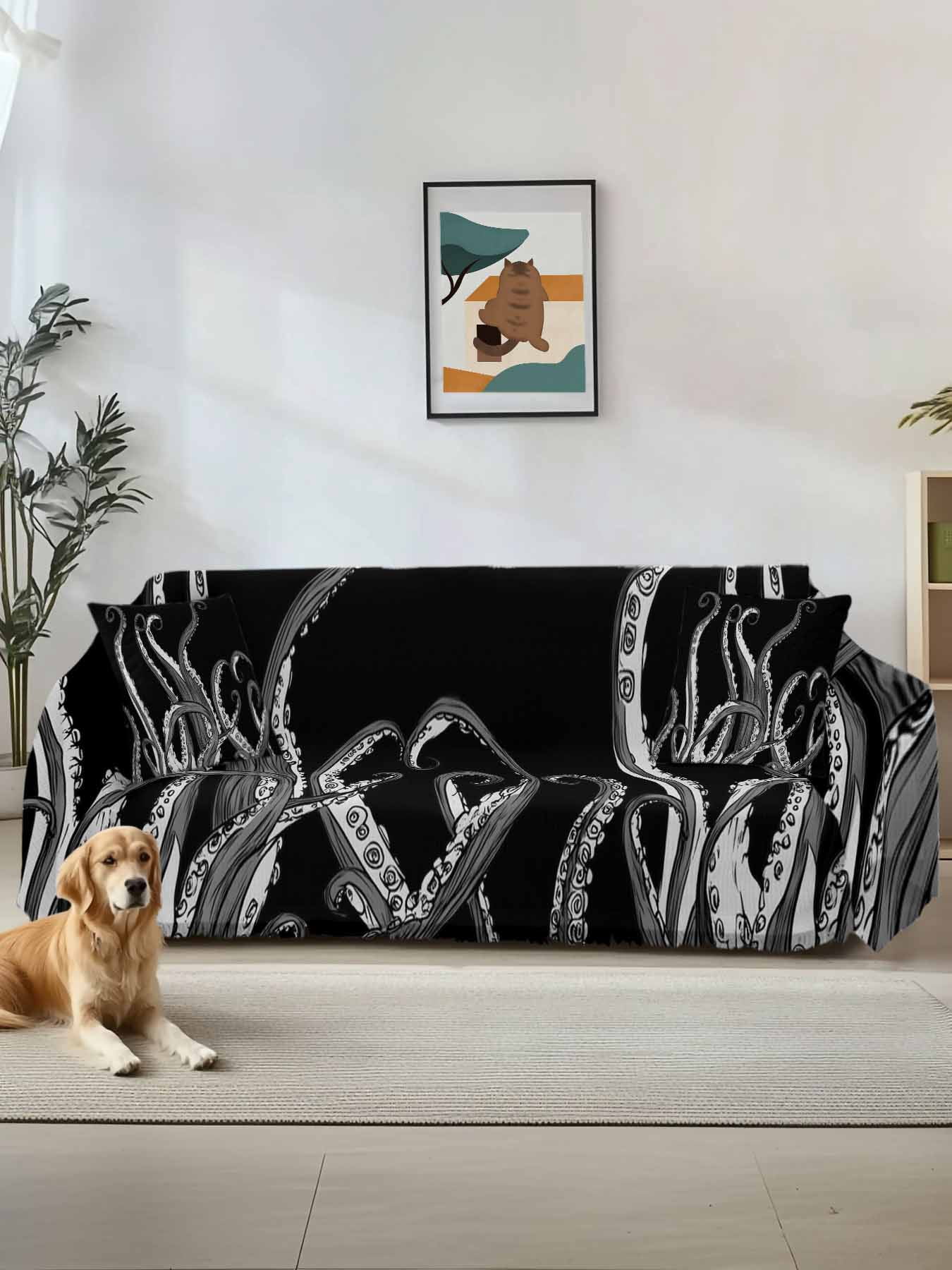 Black Octopus Coastal Couch Cover, Nautical Ocean Modern Abstract Art ...
